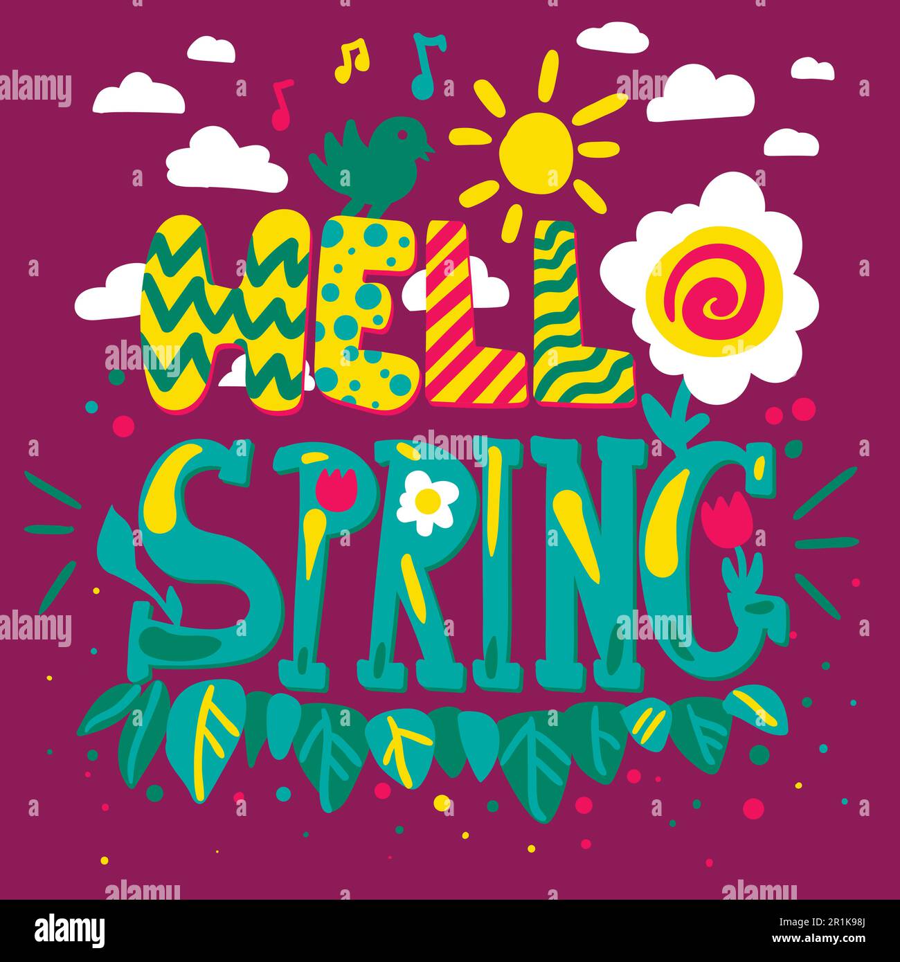 Hello spring cartoon lettering. Flat design quote. Greeting card ...