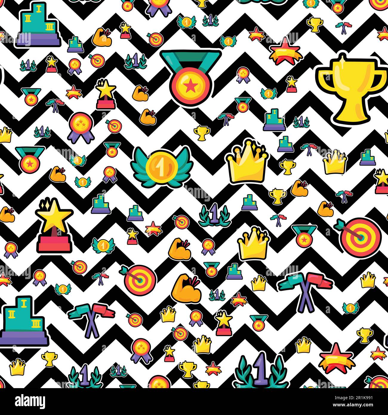 Color awards seamless vector pattern. Medals, prizes, trophies stickers ...