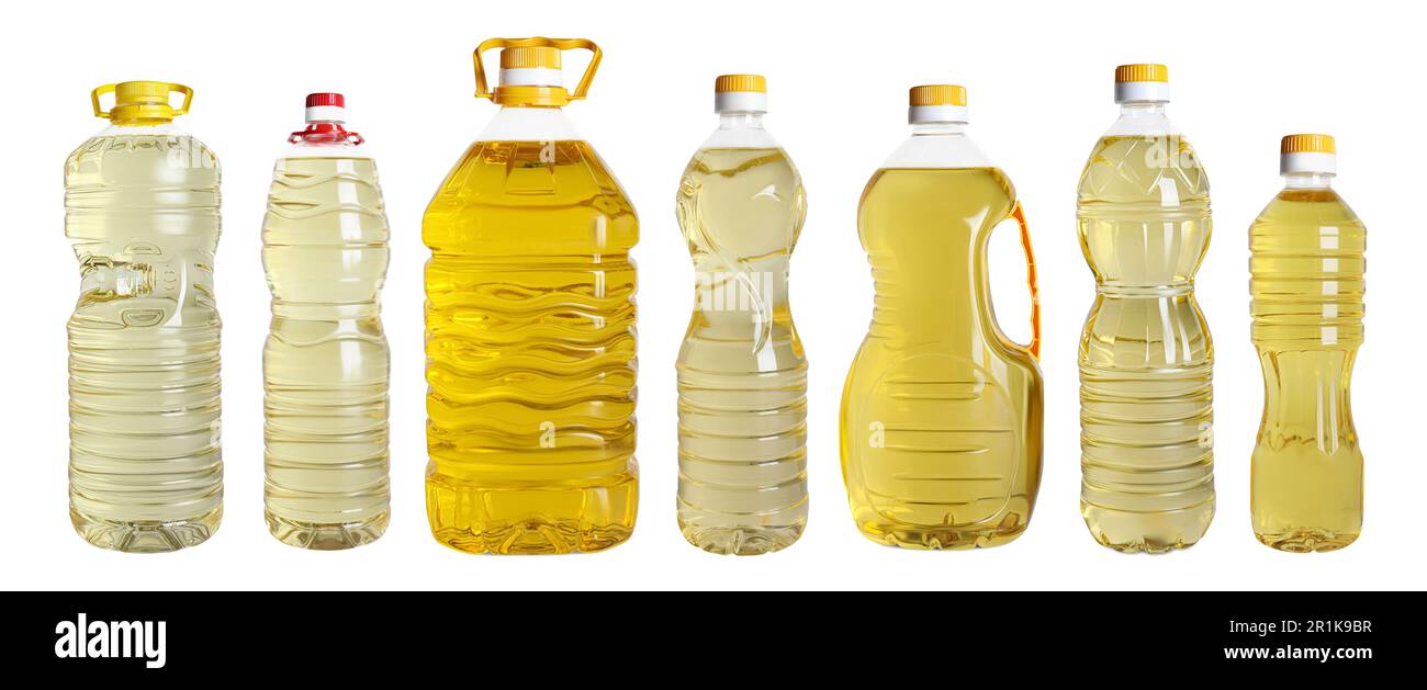 Set with different bottles of cooking oils on white background. Banner ...