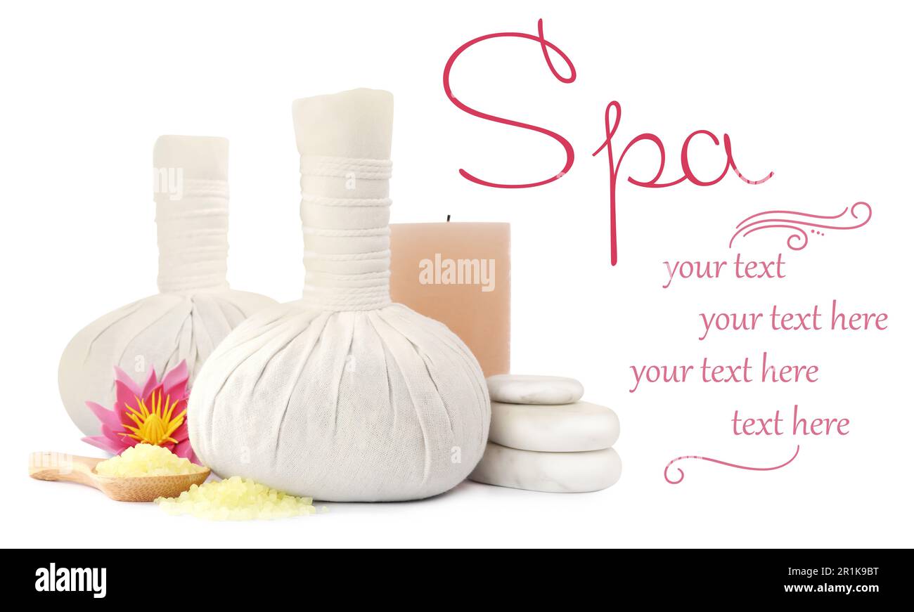 Herbal massage bags and other spa products on white background, space ...