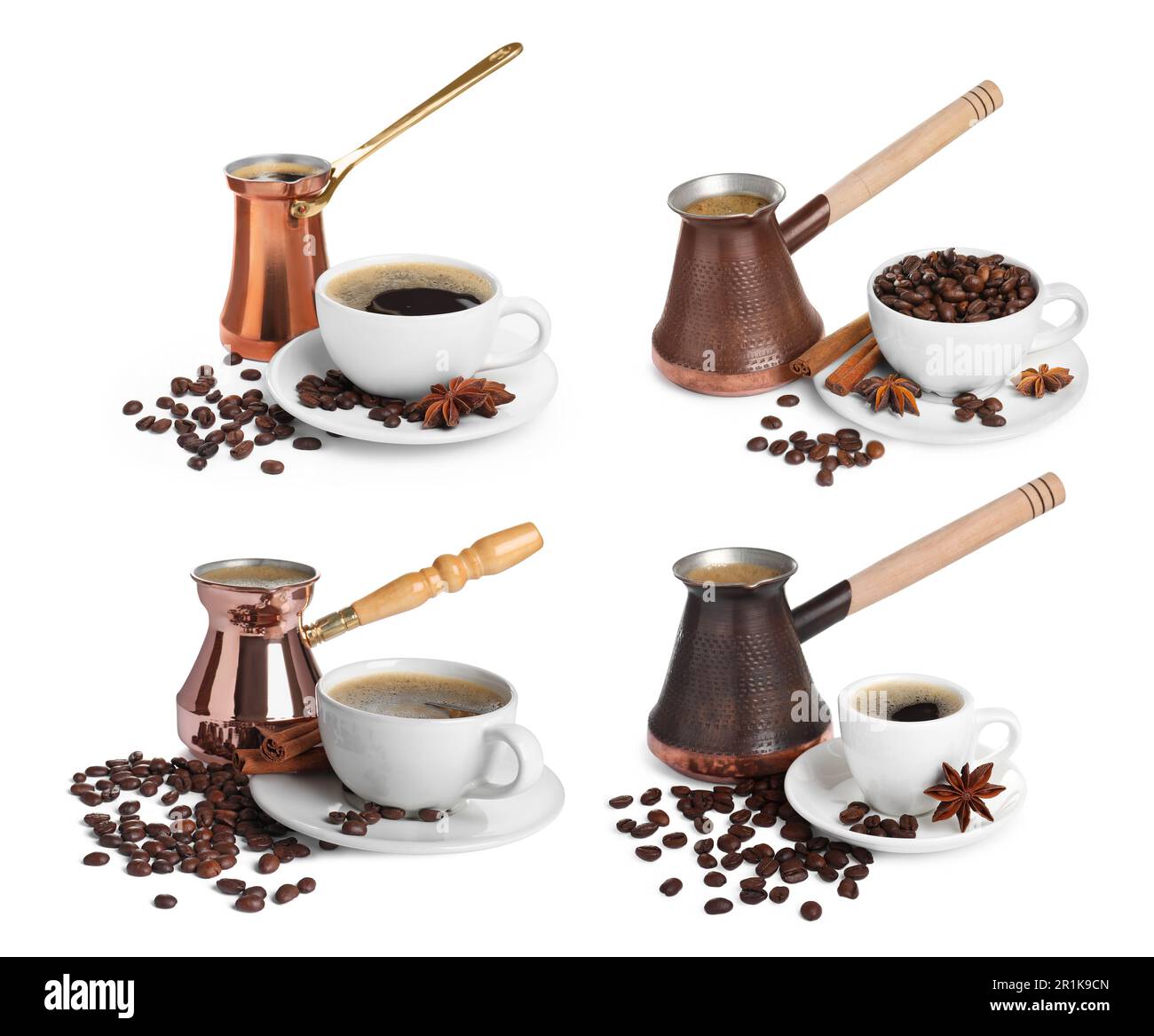 Set with different turkish coffee pots (cezve) with hot coffee and ...