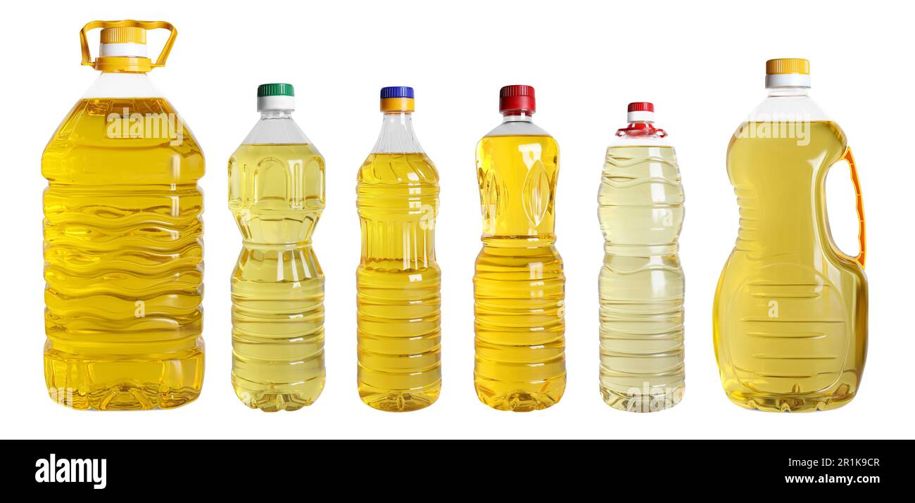 Set with different bottles of cooking oils on white background. Banner ...