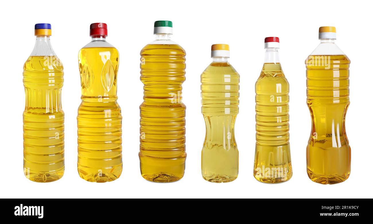 Set with different bottles of cooking oils on white background. Banner ...