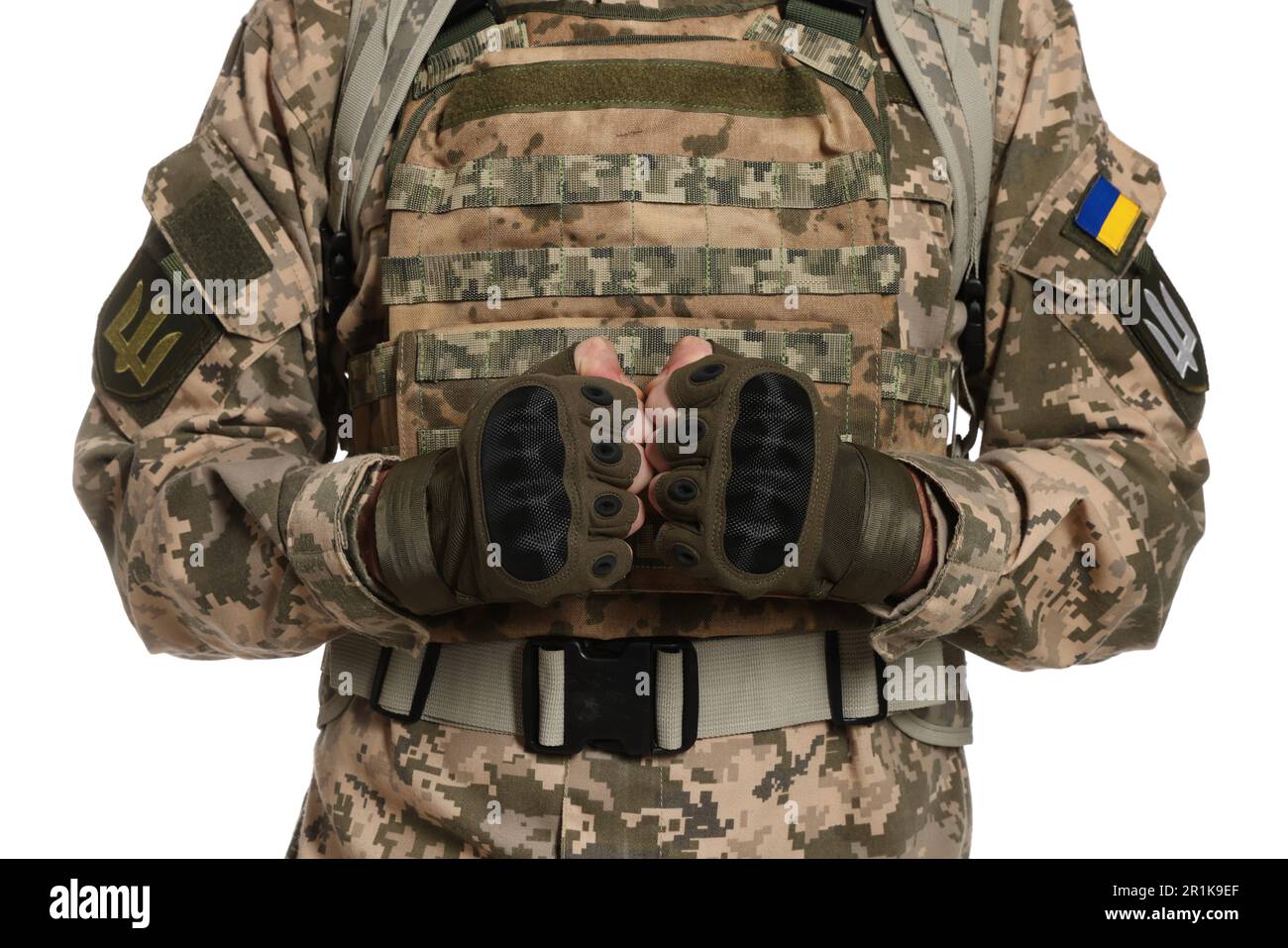 Soldier in Ukrainian military uniform on white background, closeup ...