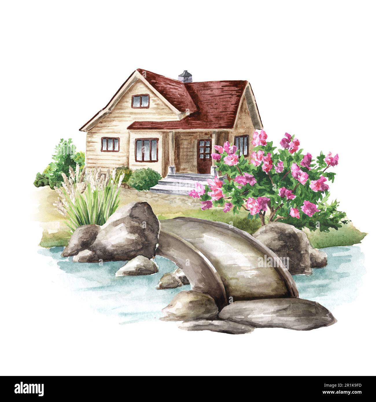 Cozy country cottage in the garden on the river bank. Hand drawn ...