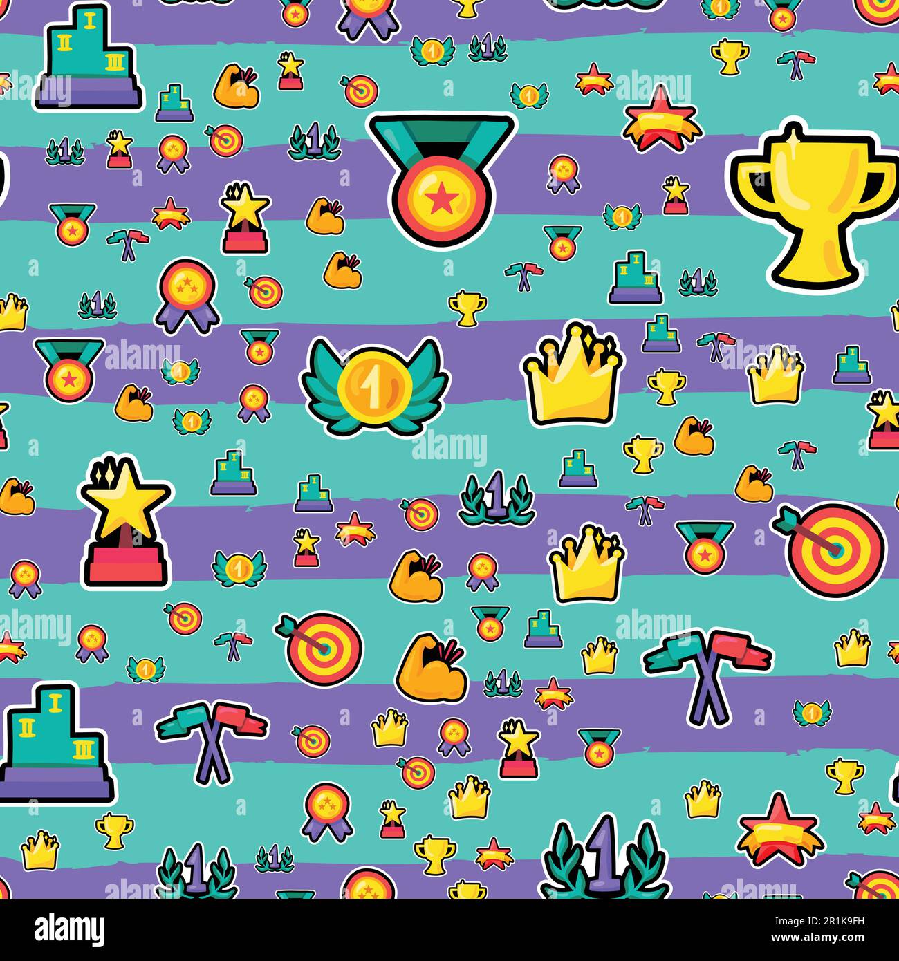 Awards color seamless vector cartoon pattern. Champion trophies, prizes ...