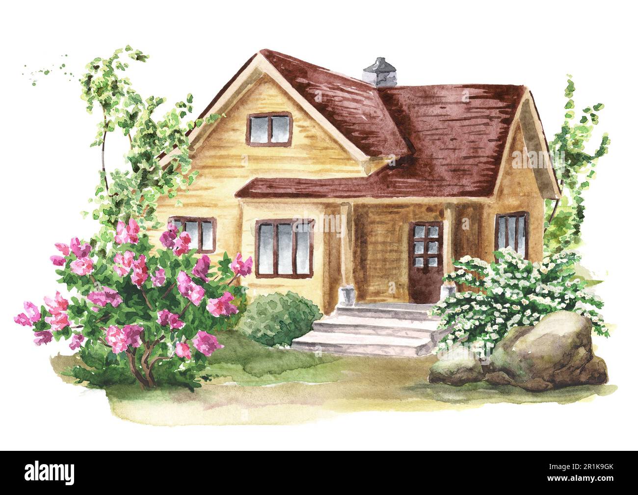 Cozy country cottage in the garden. Hand drawn watercolor illustration ...