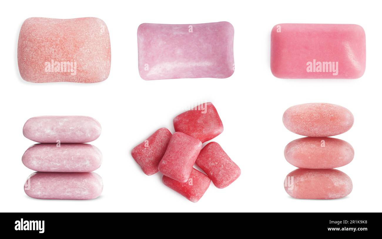 Set with different tasty chewing gums on white background Stock Photo ...