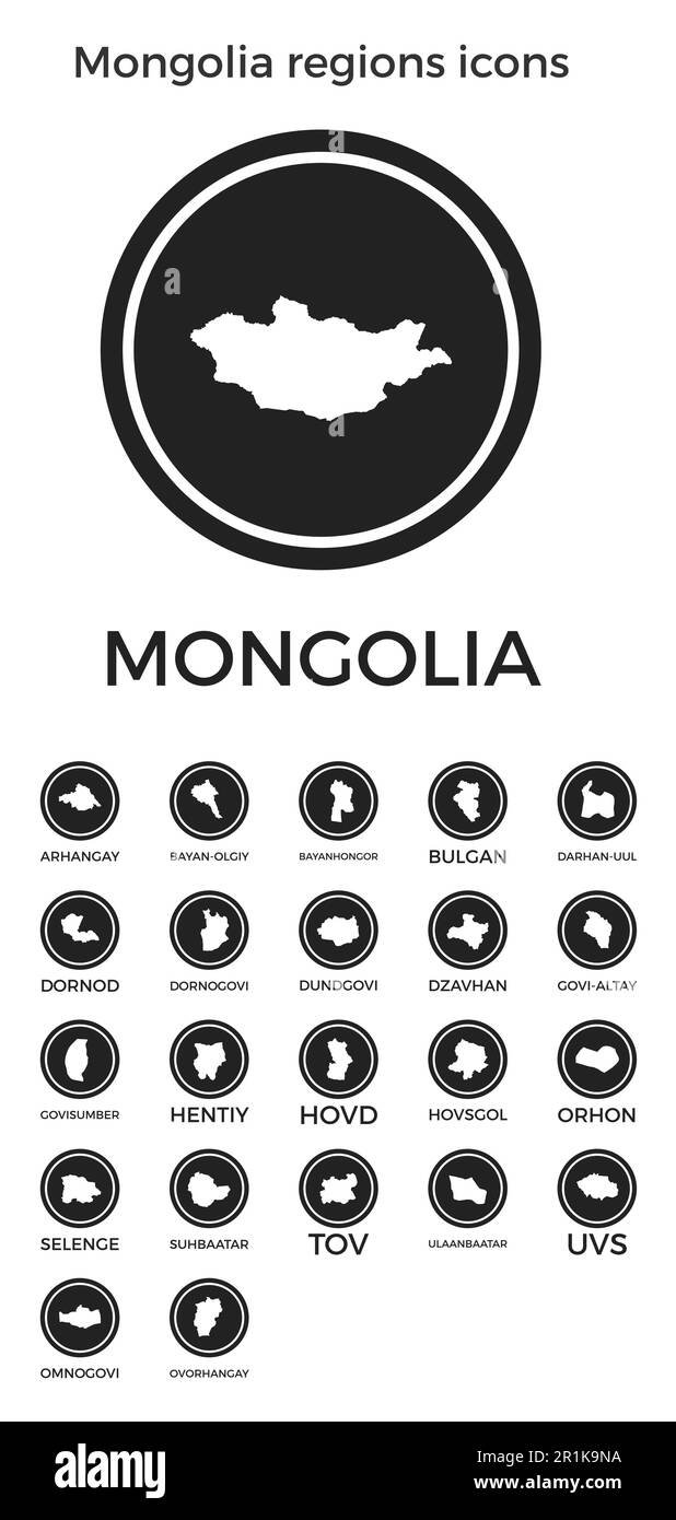 Mongolia regions icons. Black round logos with country regions maps and ...