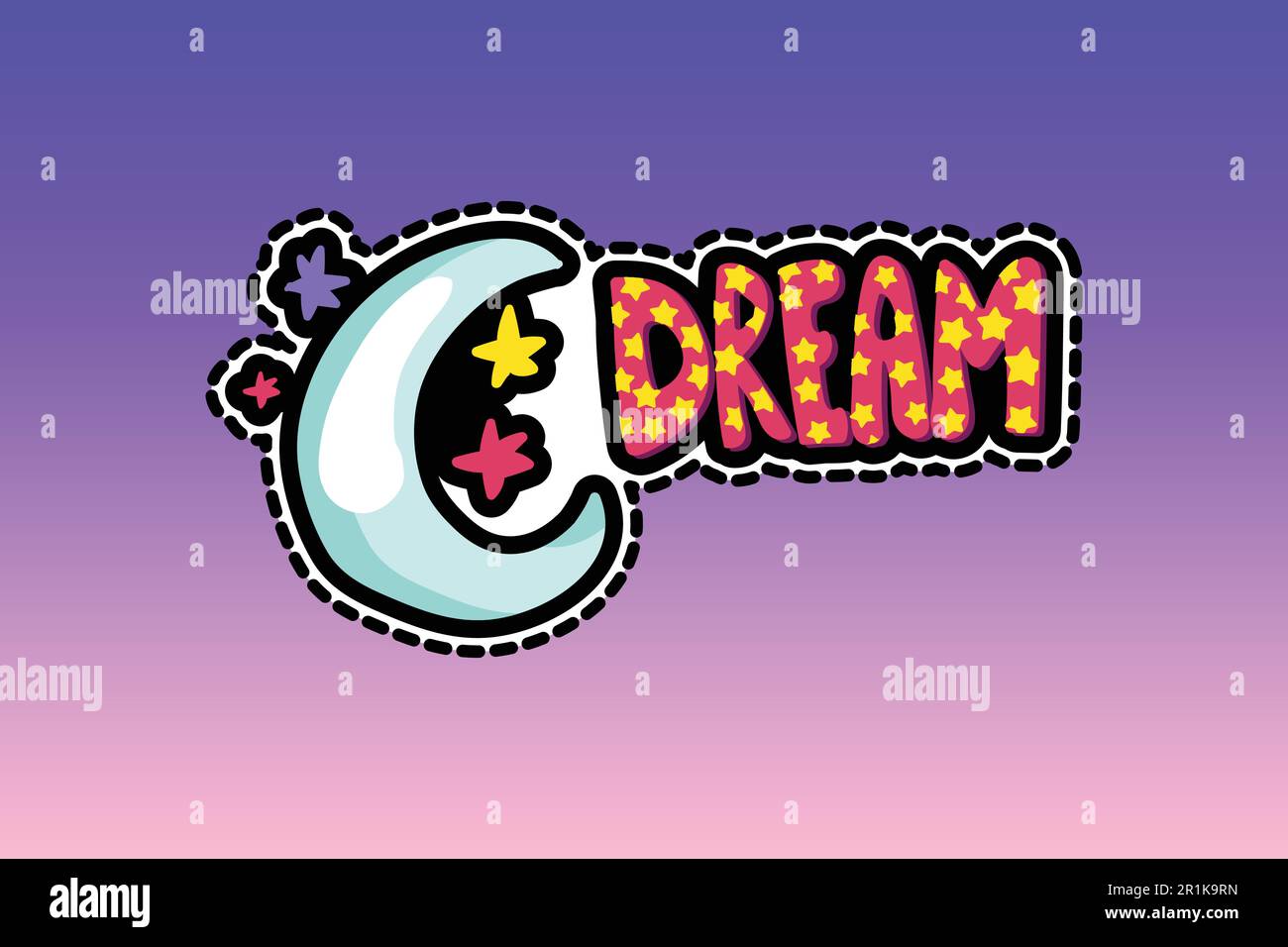 Moon, stars with dream lettering patch. Bedtime stitched frame flat ...