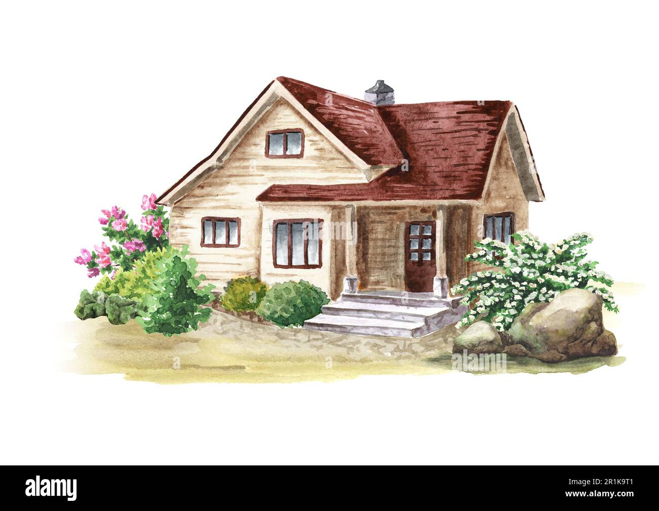 Cozy country cottage with flowers. Hand drawn watercolor illustration ...