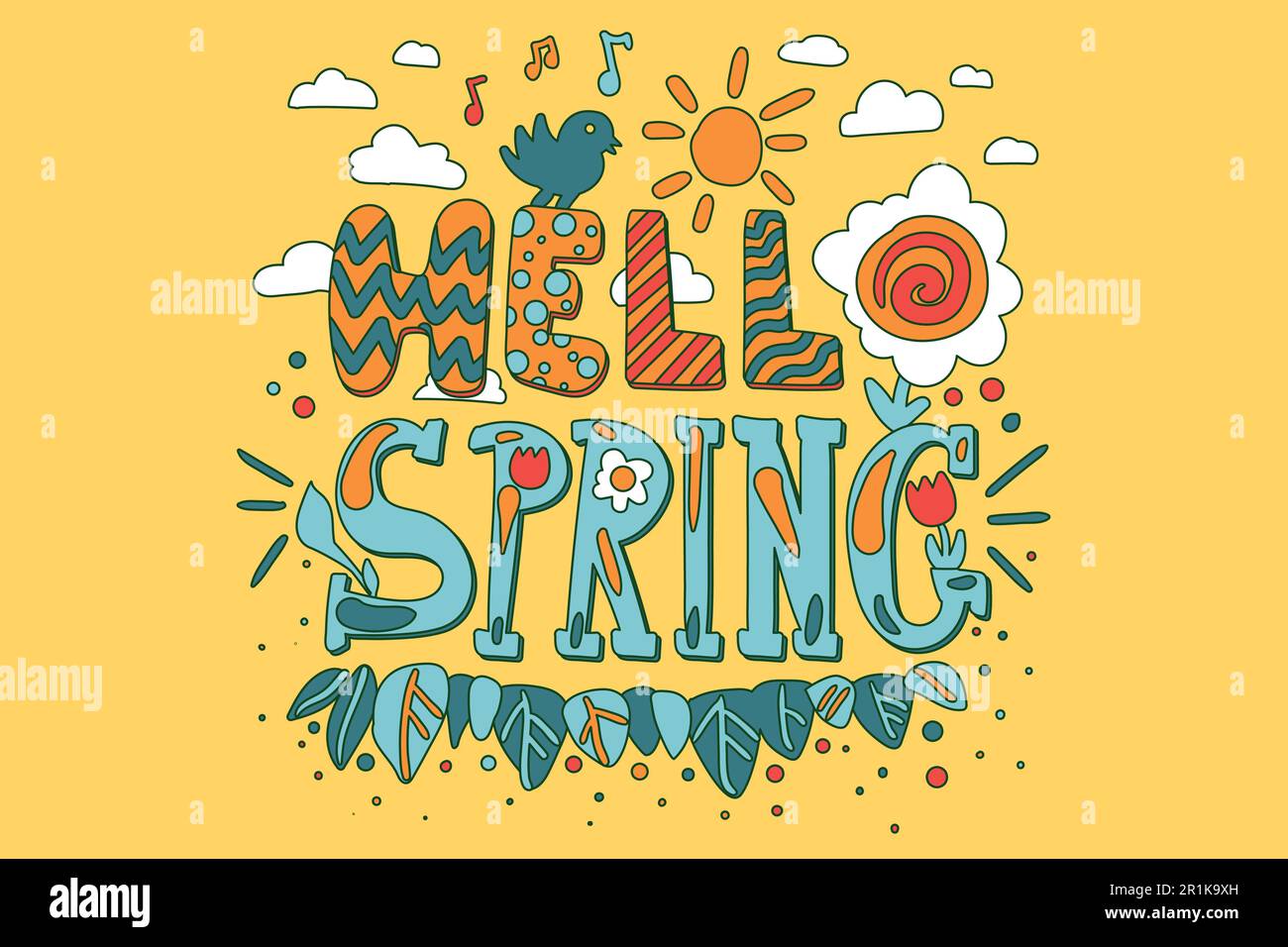 Hello spring cartoon illustration. Flat quote lettering. Greeting card ...