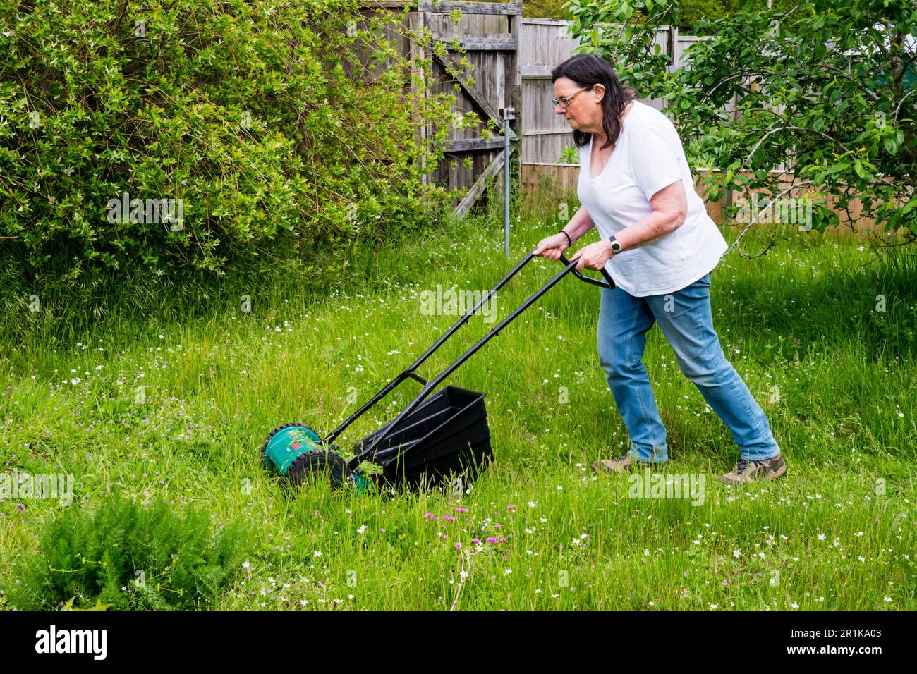 Woman letting grass grow longer and just cutting a short path through ...