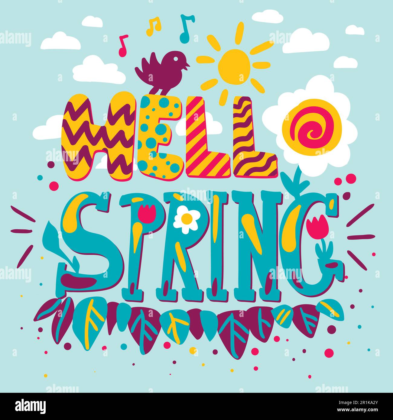 Hello spring hand drawn poster template. Flat design quote. Greeting ...