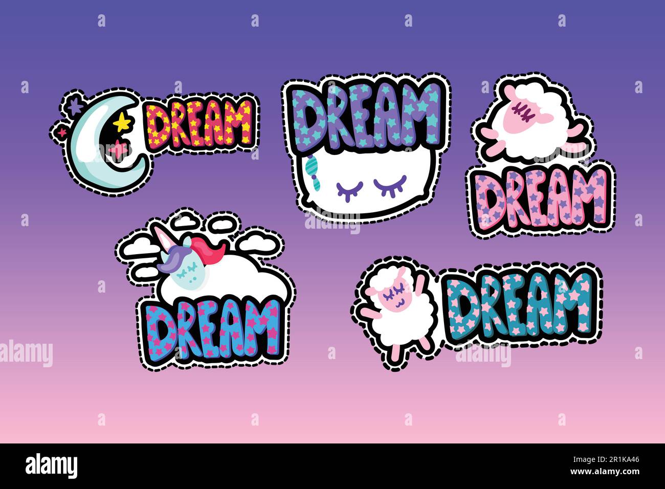 Dream lettering stitched frame illustrations set. Good night stickers ...