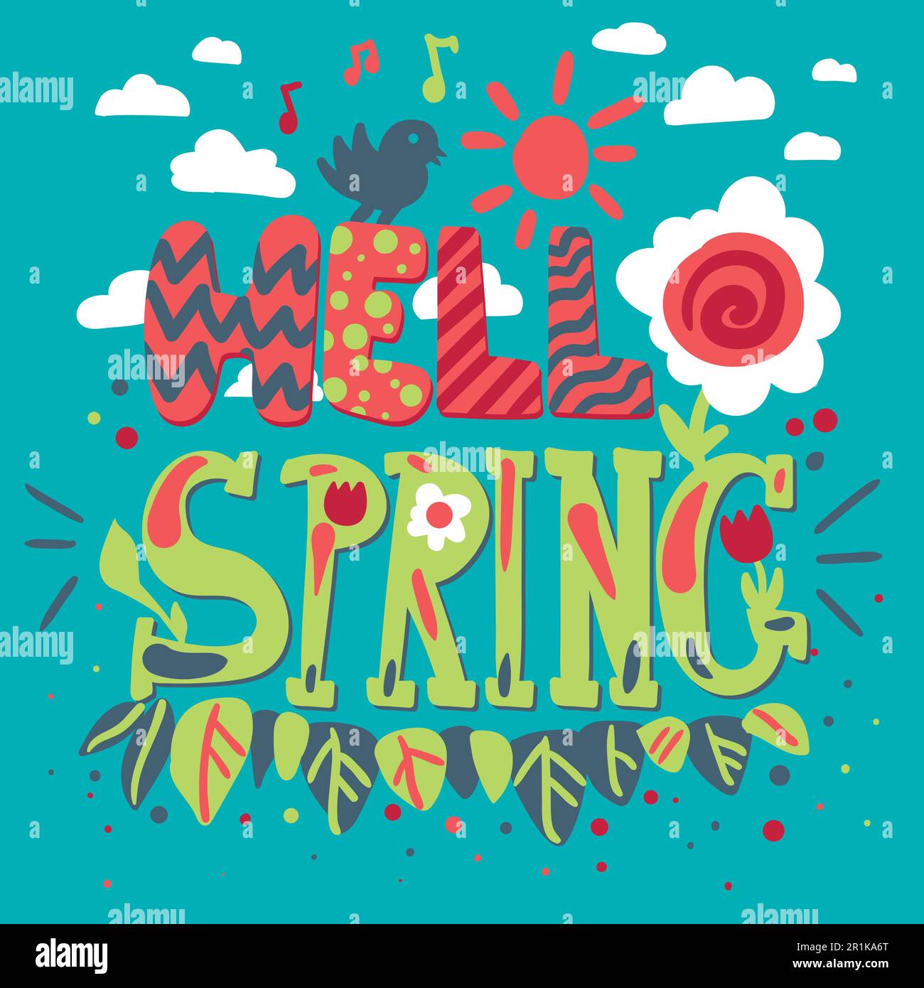 Hello spring cartoon vector lettering. Flat design quote. Greeting card ...