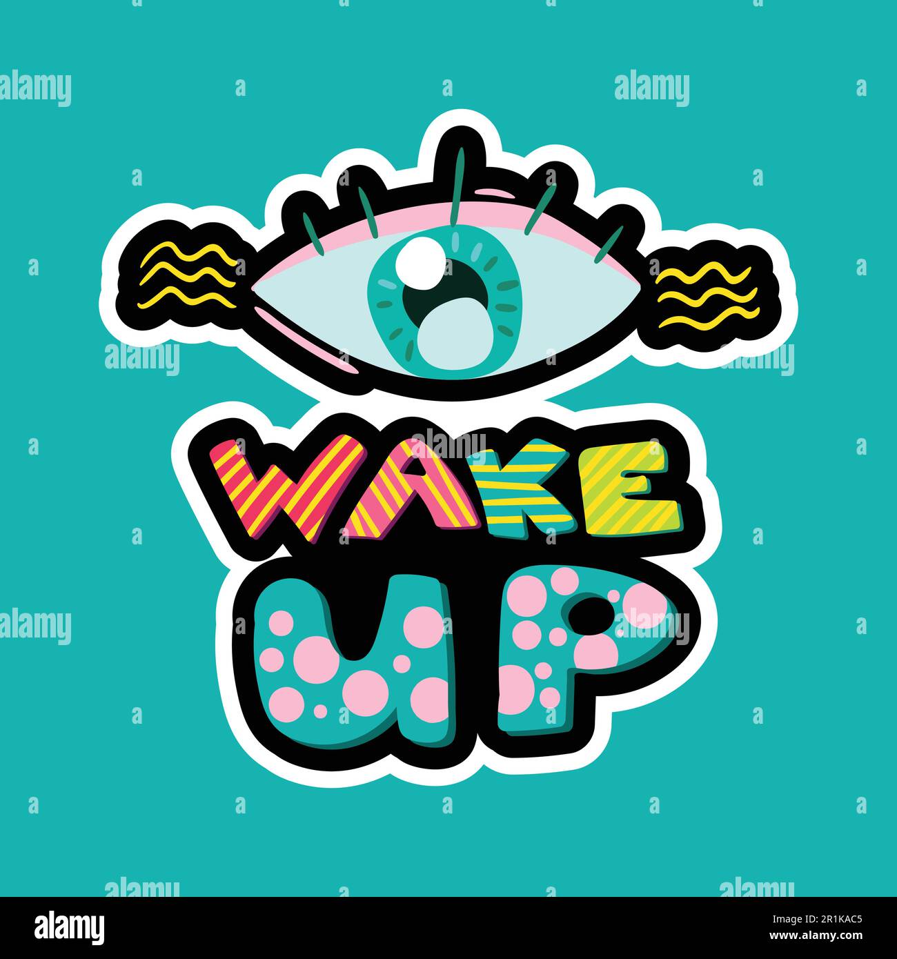 Eye with lettering dash line sticker. Wake up stitched frame ...