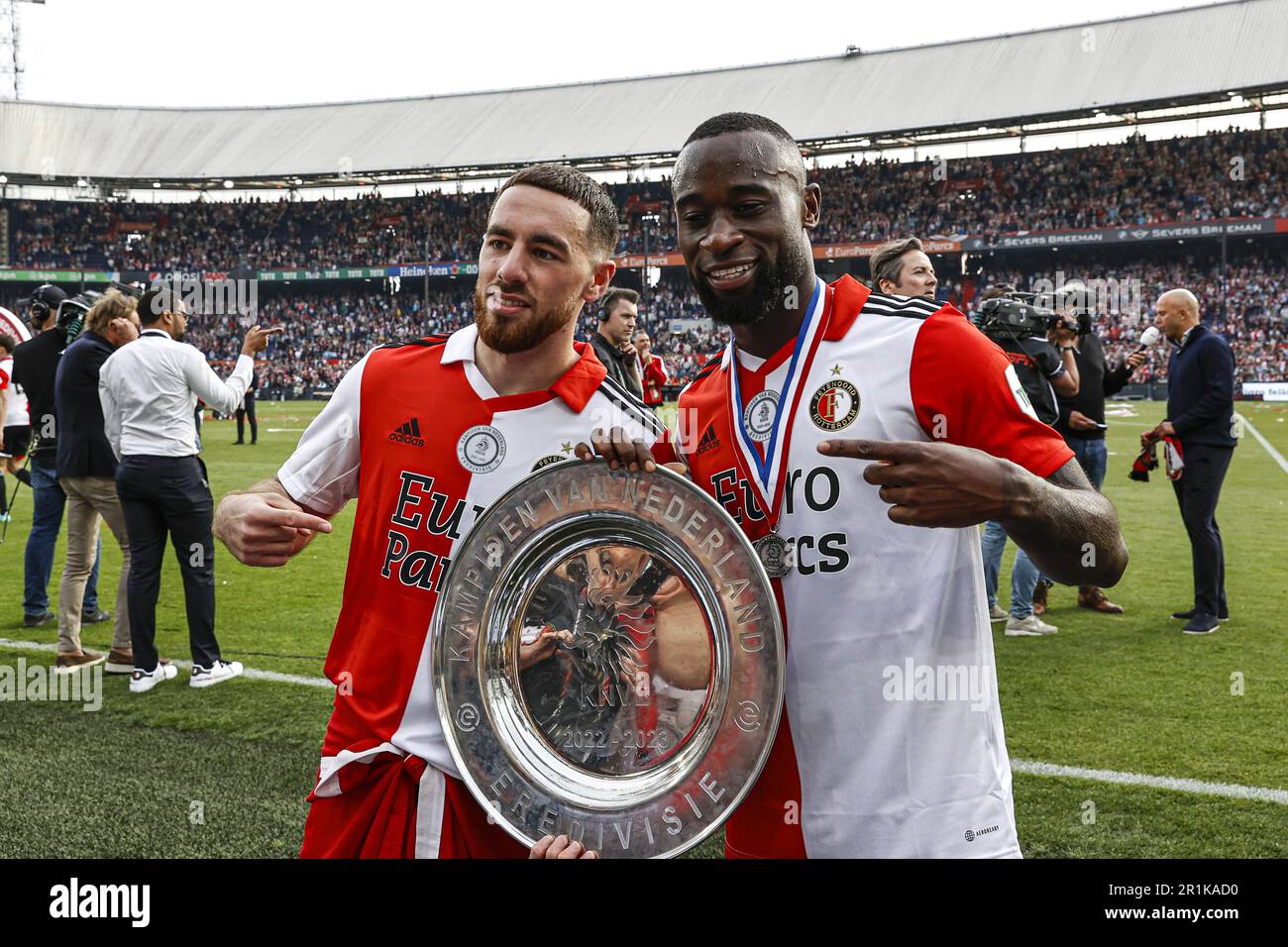ROTTERDAM - (L-R) Orkun Kokcu of Feyenoord, Lutsharel Geertruida of Feyenoord with the bowl ...