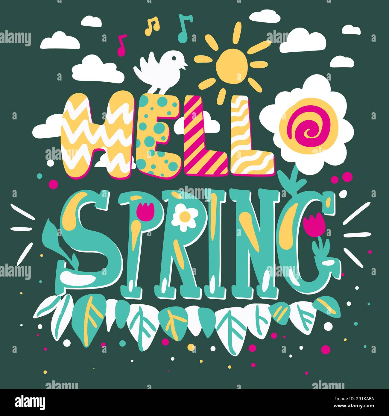 Hello spring cartoon vector lettering. Flat design quote. Hand drawn ...