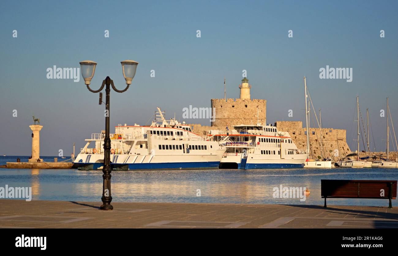 Entrance to the ancient port of the island of Rhodes. Medieval stone ...