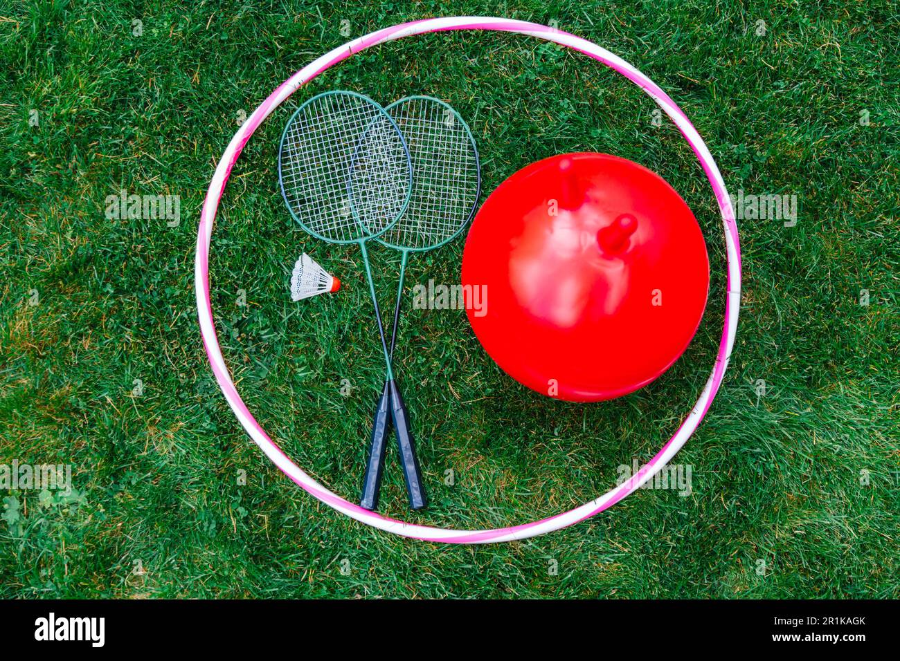 hopper, hoop, badminton rackets and shuttlecock Stock Photo - Alamy
