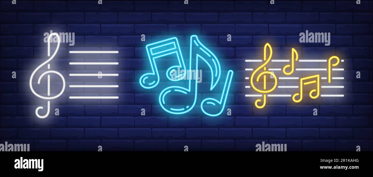 Stave, treble clef and music notes neon signs set Stock Vector Image ...