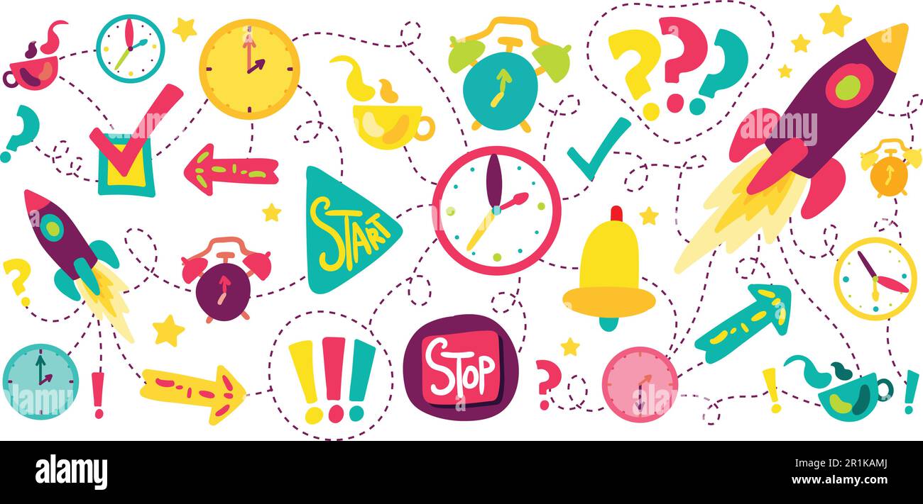 Time management dash line illustrations set. Clock, rocket, alarm, cup ...