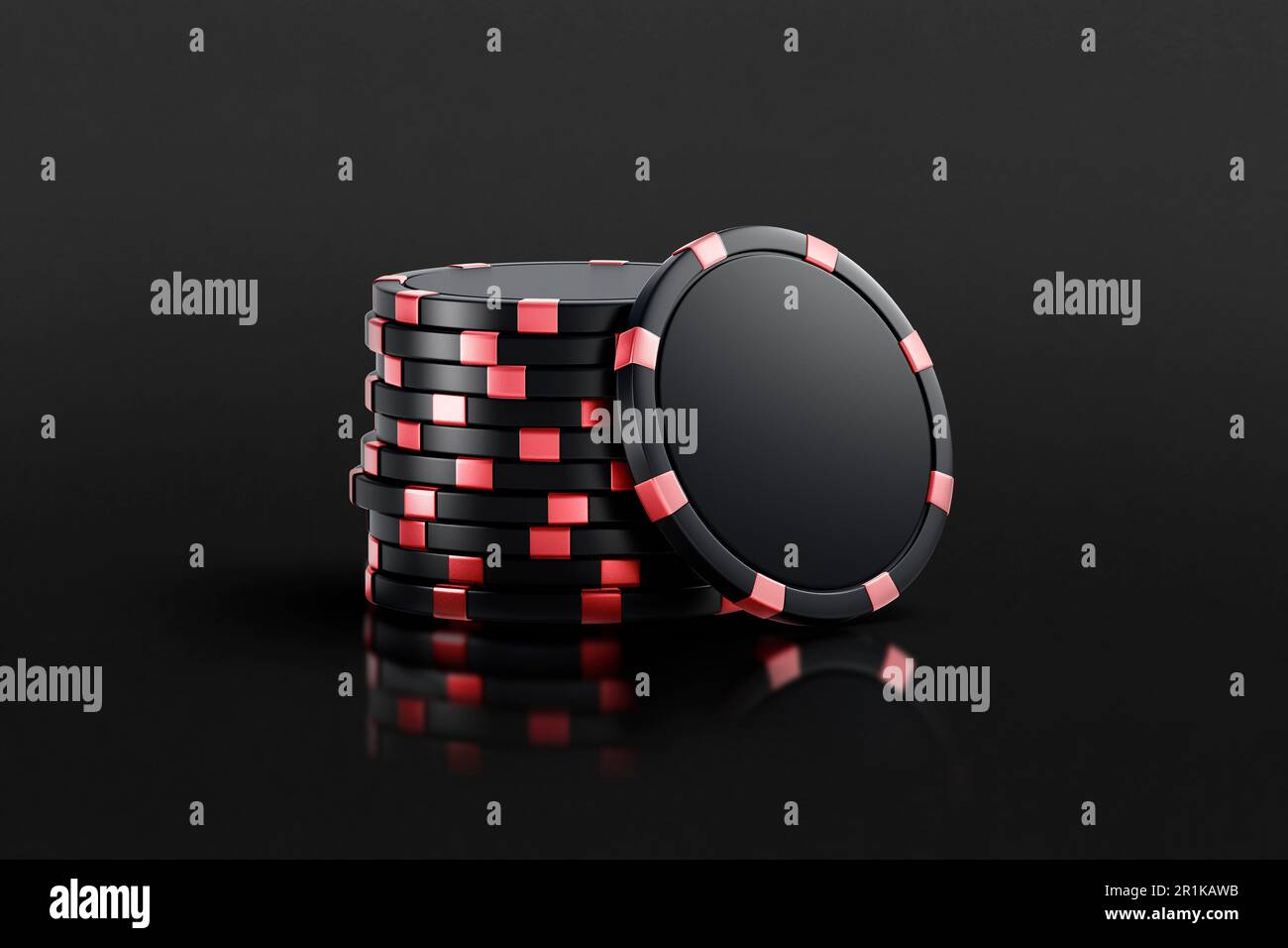 Blank black plastic round chip mockup stand stack, dark background ...