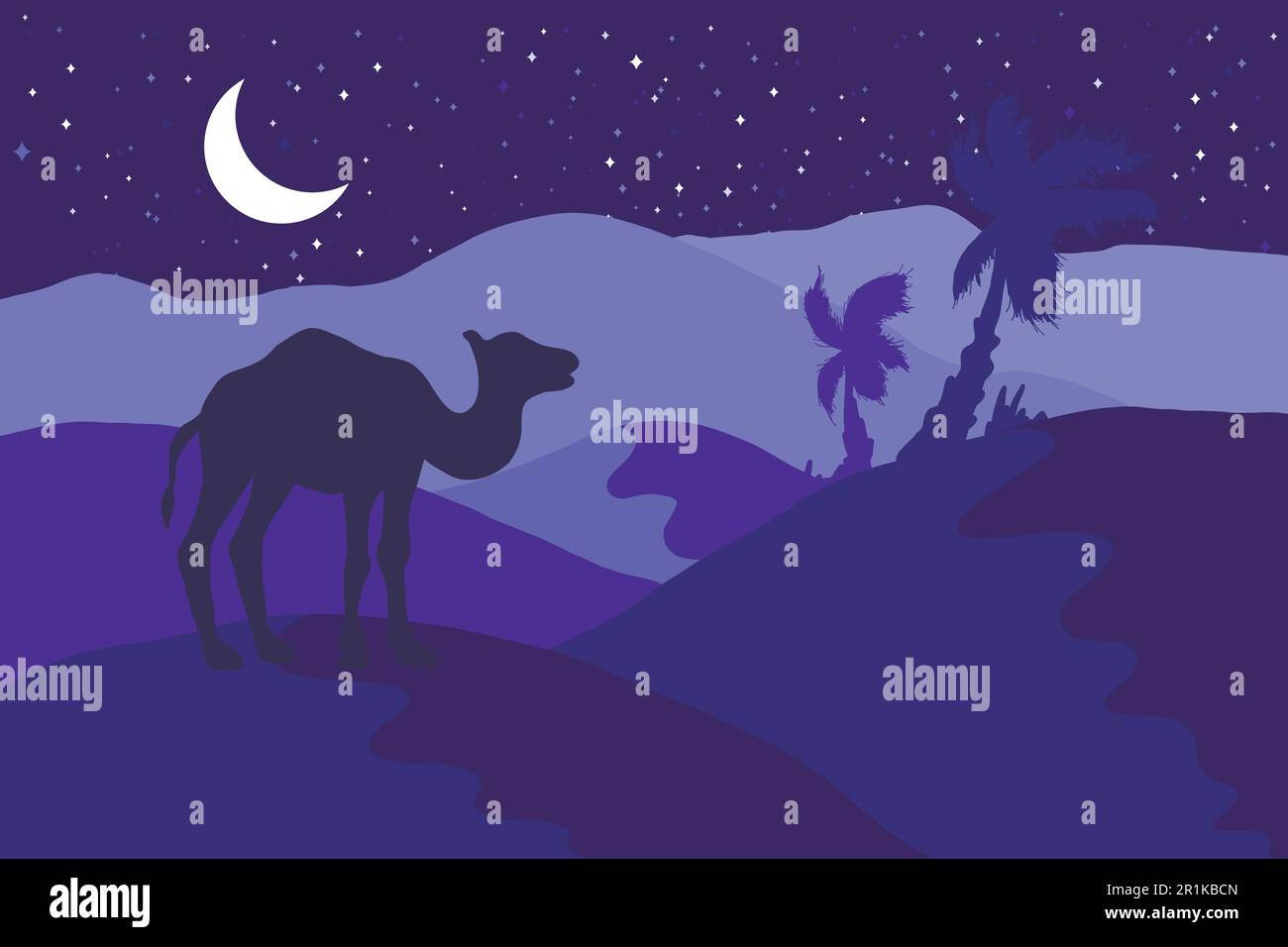 Desert night landscape with camel silhouette flat illustration ...