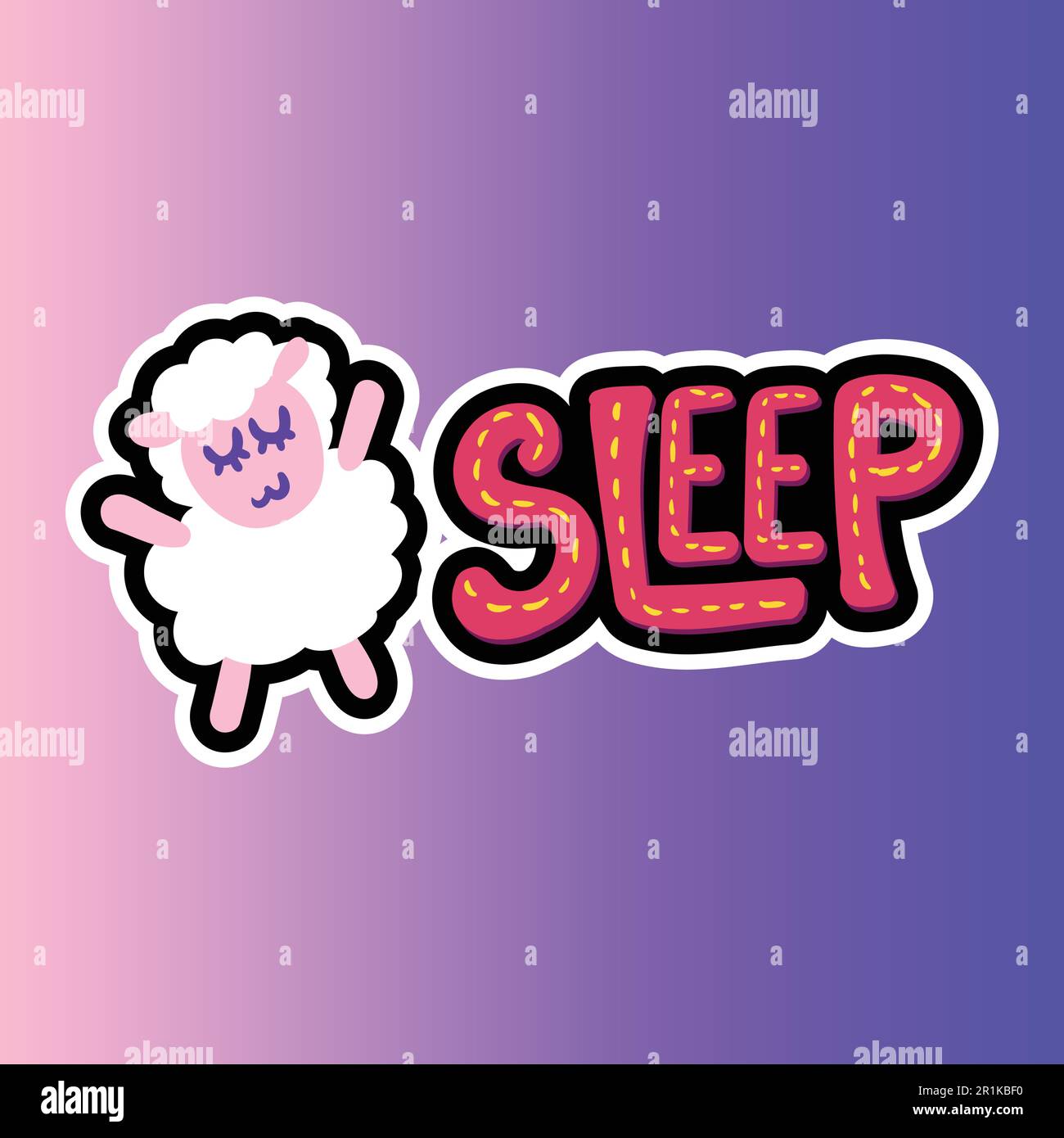 Sheep stitched frame illustration. Sleep lettering flat sticker. Dash ...