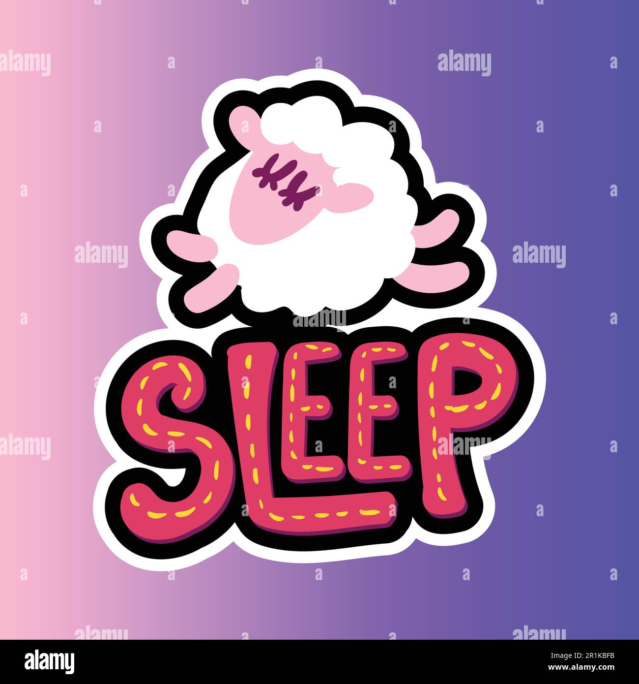 Sheep stitched frame illustration. Sleep lettering flat sticker. Dash ...