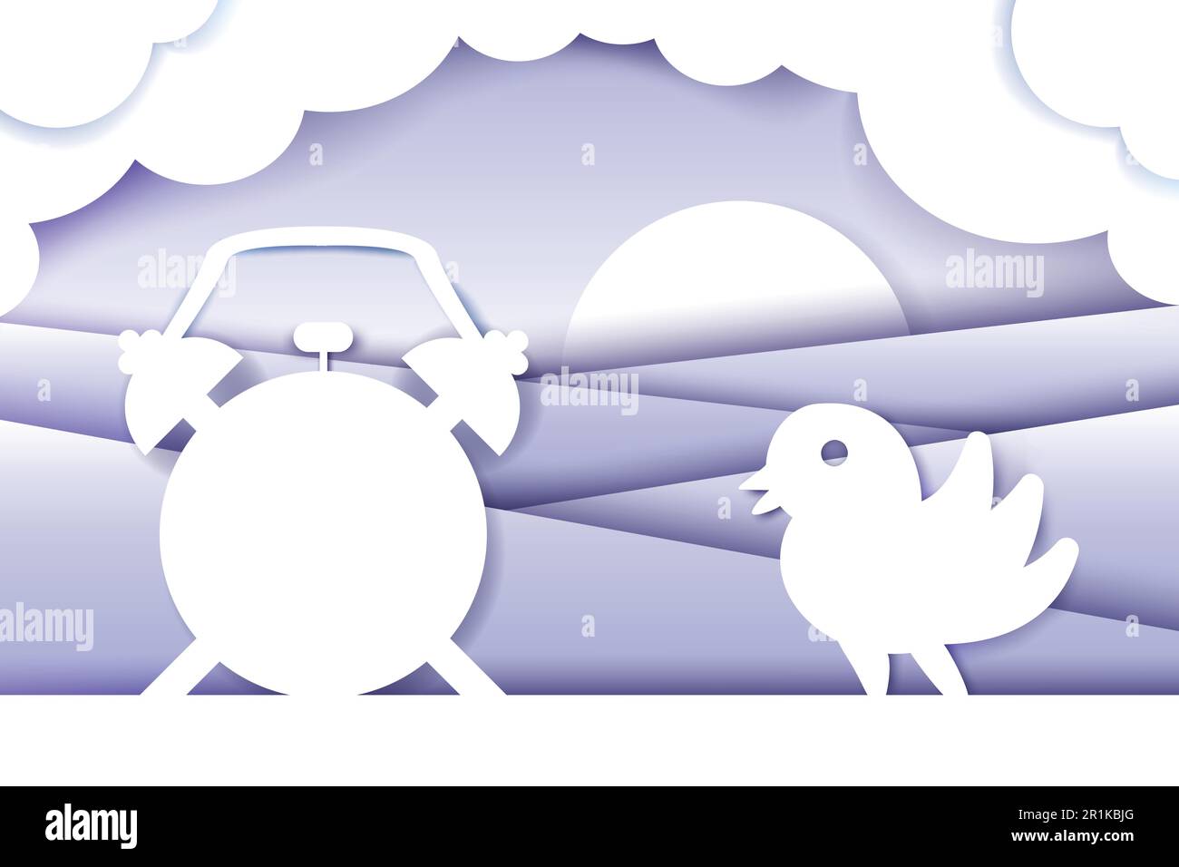 Morning composition paper cut. 3d vector layered origami. Alarm, bird ...