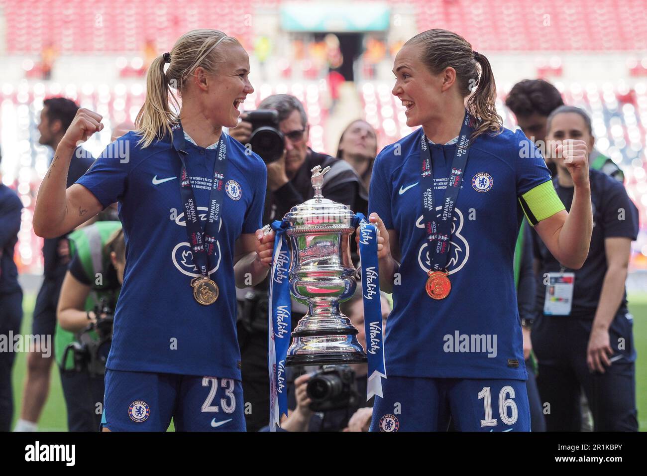 London, UK. 14th May, 2023. Pernille Harder (23 Chelsea) and Magdalena ...