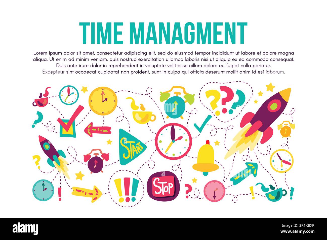 Time management stitched frame flat illustrations set. Dash line ...