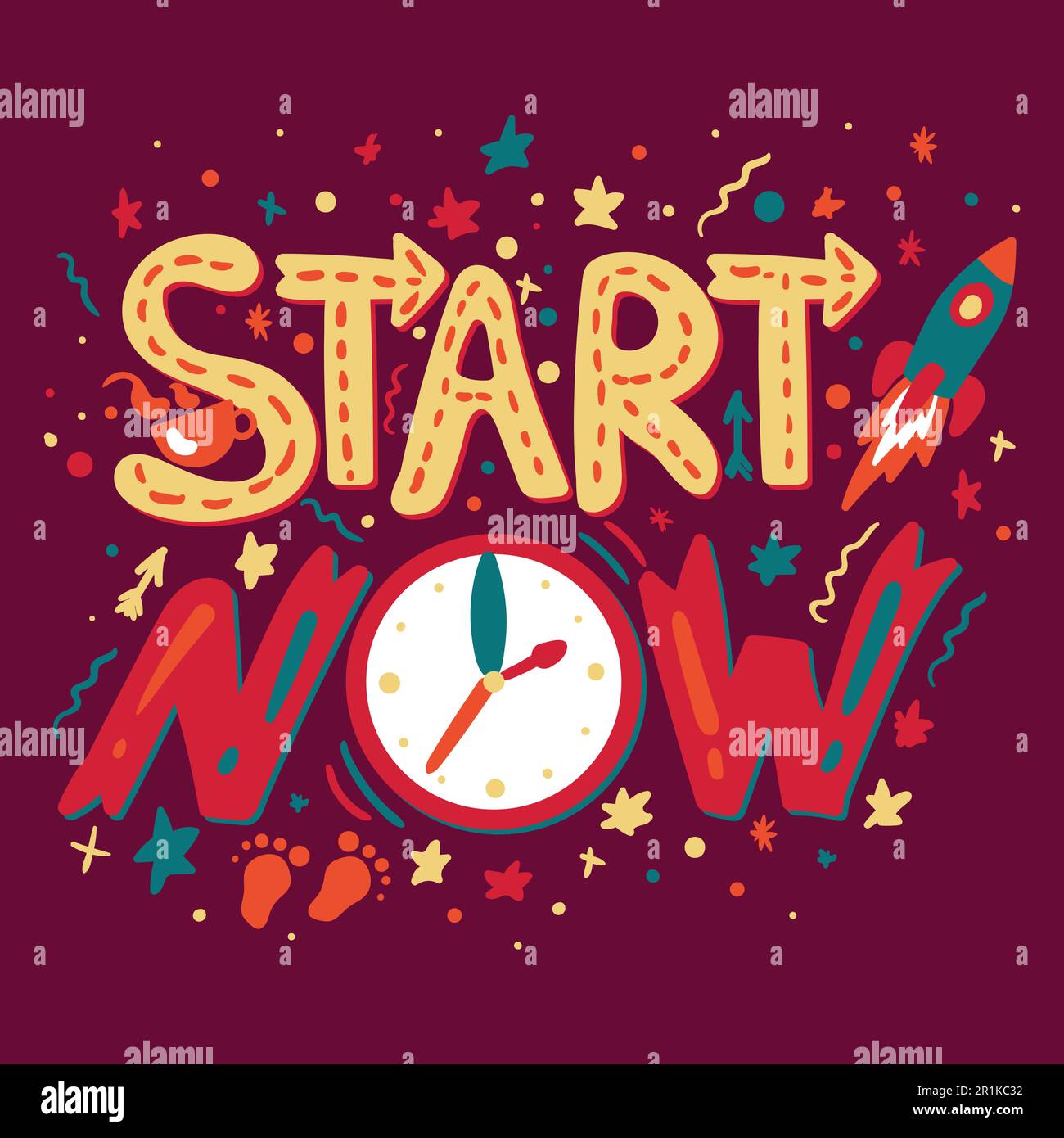 Time management hand drawn vector illustration. Start now quote. Phrase ...