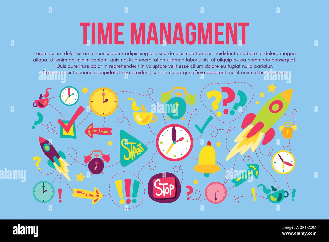 Time management stickers set set. Cartoon illustrations. Dash line ...