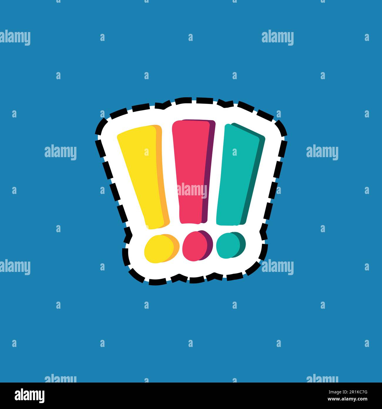 Exclamation marks stitched frame flat color illustration. Error dash ...
