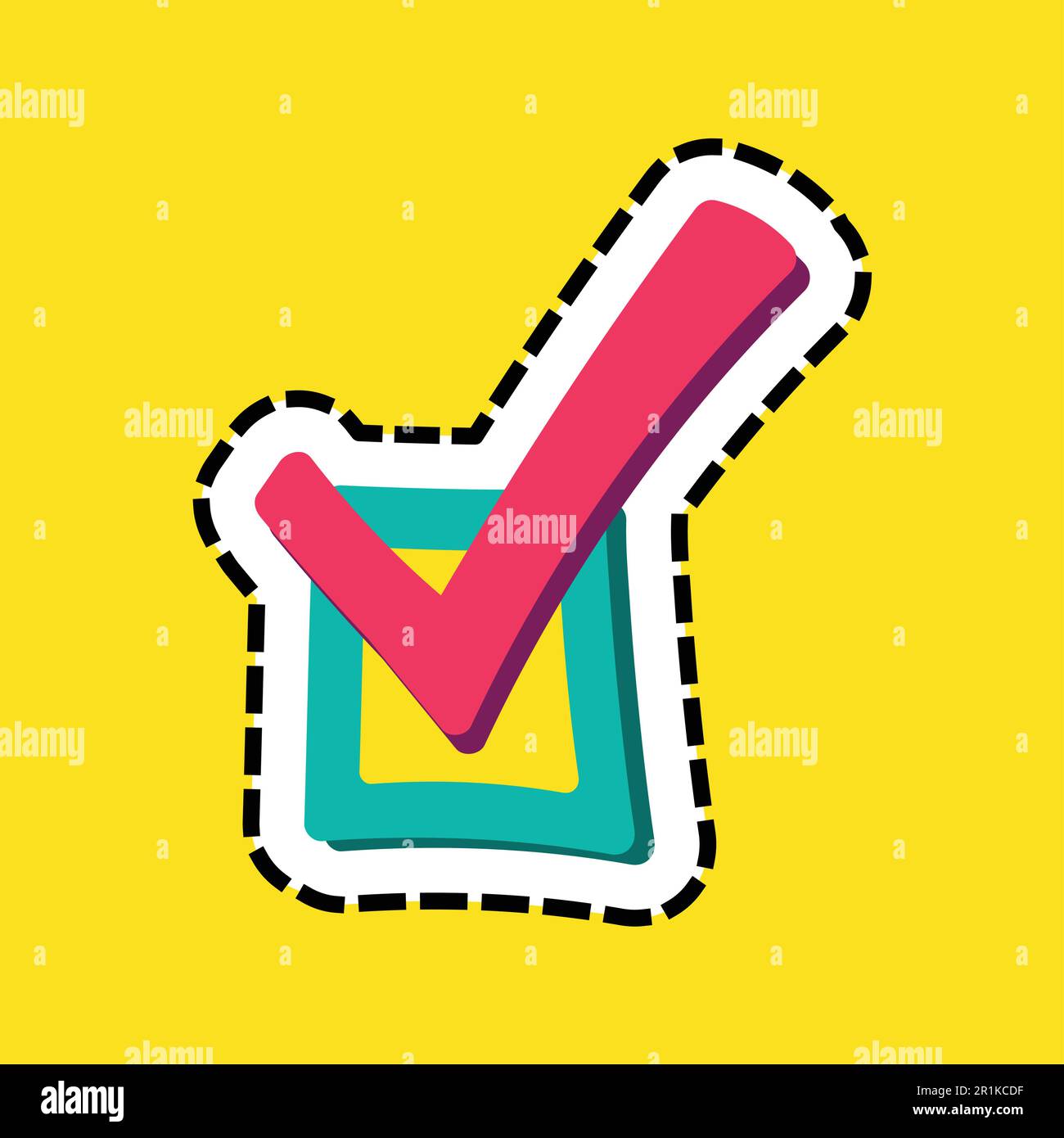 Checkbox stitched frame flat color illustration. Checkmark dash line ...