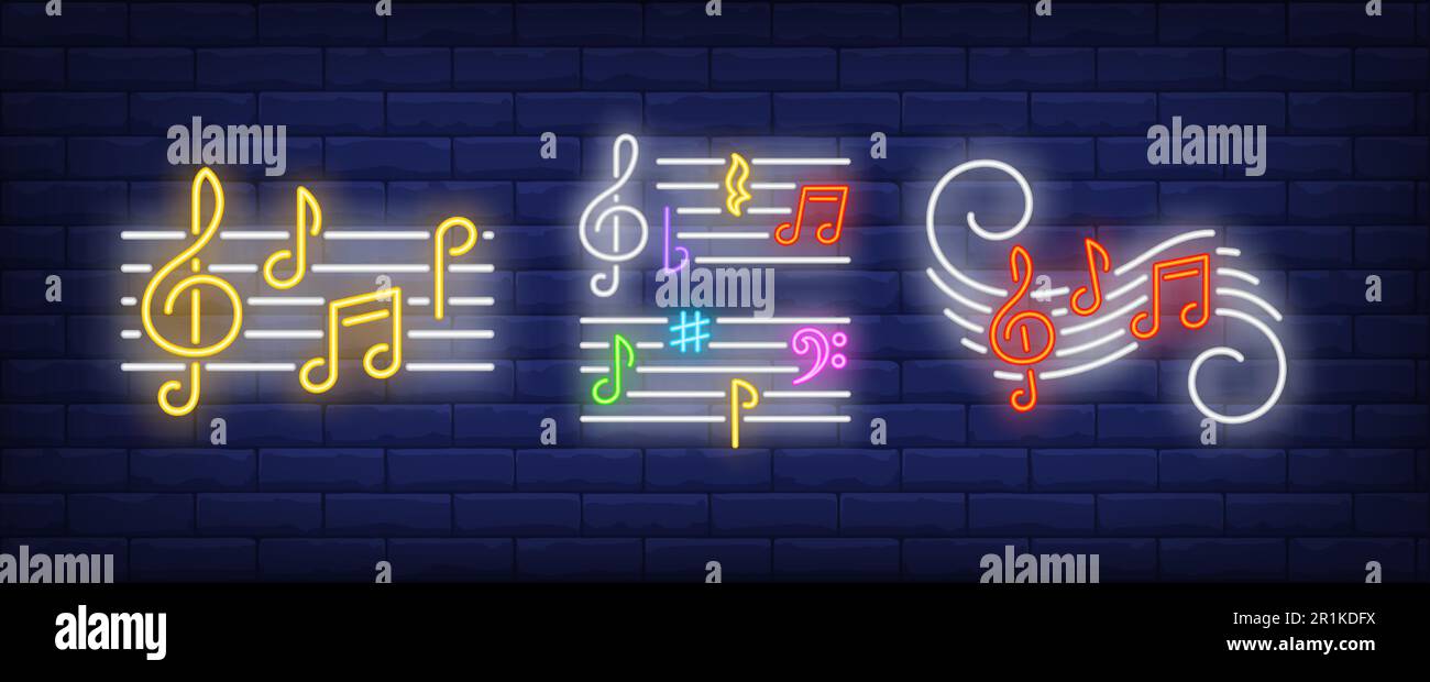Music notes, treble clefs and stave neon signs set Stock Vector Image ...
