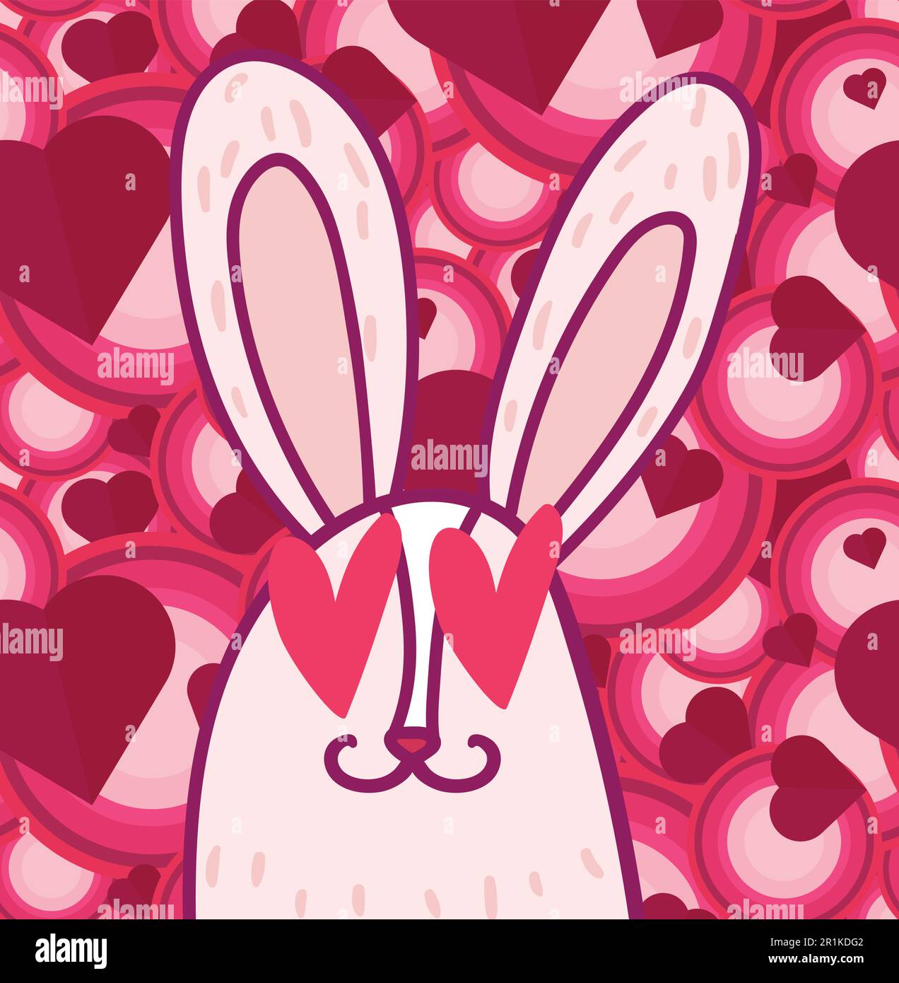 Valentine's Day greeting card template. Pink bunny with heart eyes hand ...