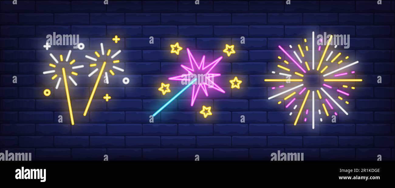 Firework explosion and sparklers neon signs set Stock Vector Image ...