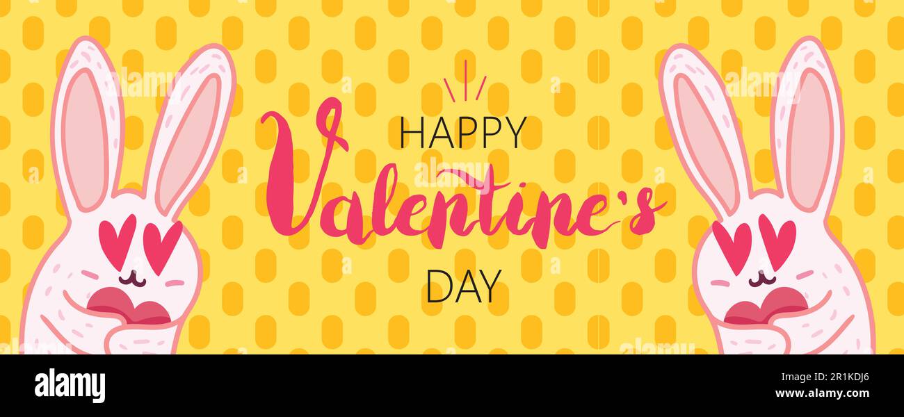 Happy Valentine's Day banner template. Color lettering. Bunnies with ...