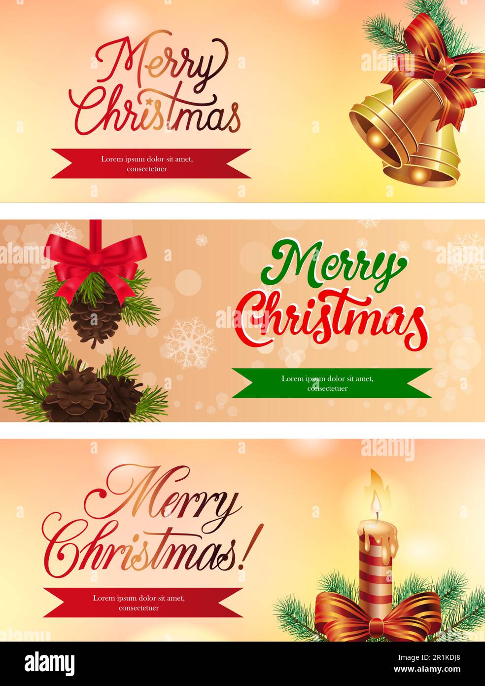 Merry Christmas banner set with bells, cones and candle Stock Vector ...