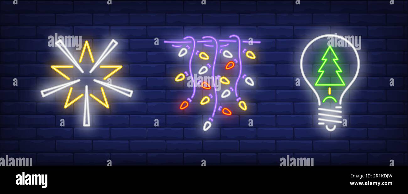 Christmas tree star, lights garland and bulb neon signs set Stock ...