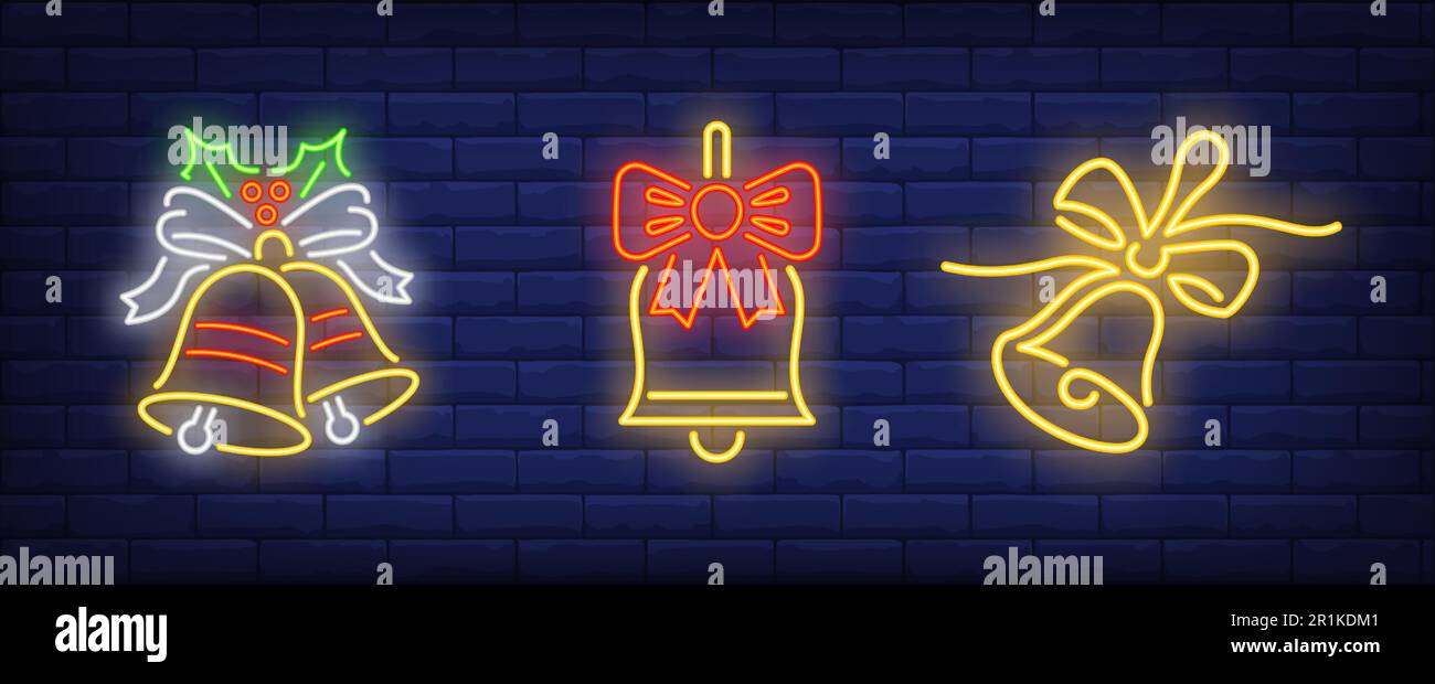 Bells with bows and mistletoe neon signs set Stock Vector Image & Art ...