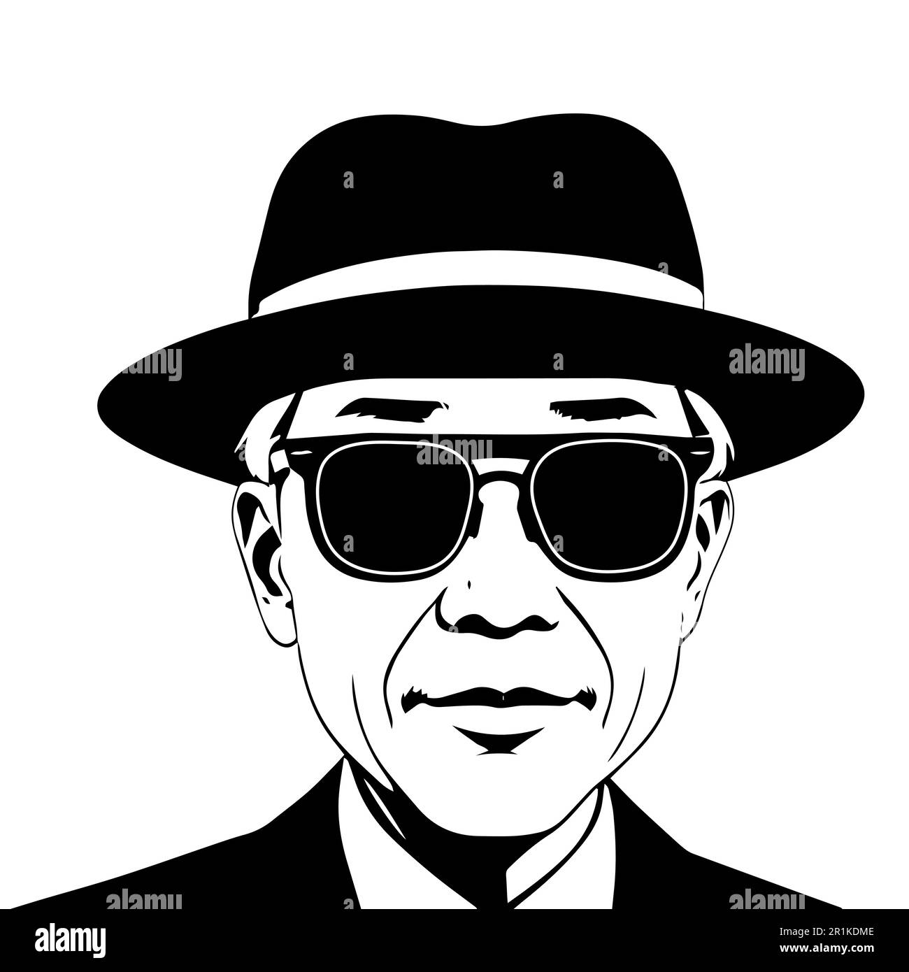 Vector Illustration Of A Black And White Portrait Of A Man In A Hat And