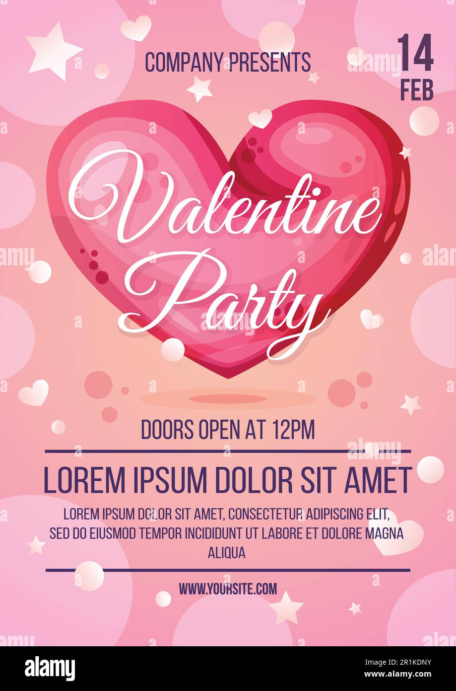Valentines Day party invitation poster template. Romantic heart flat ...