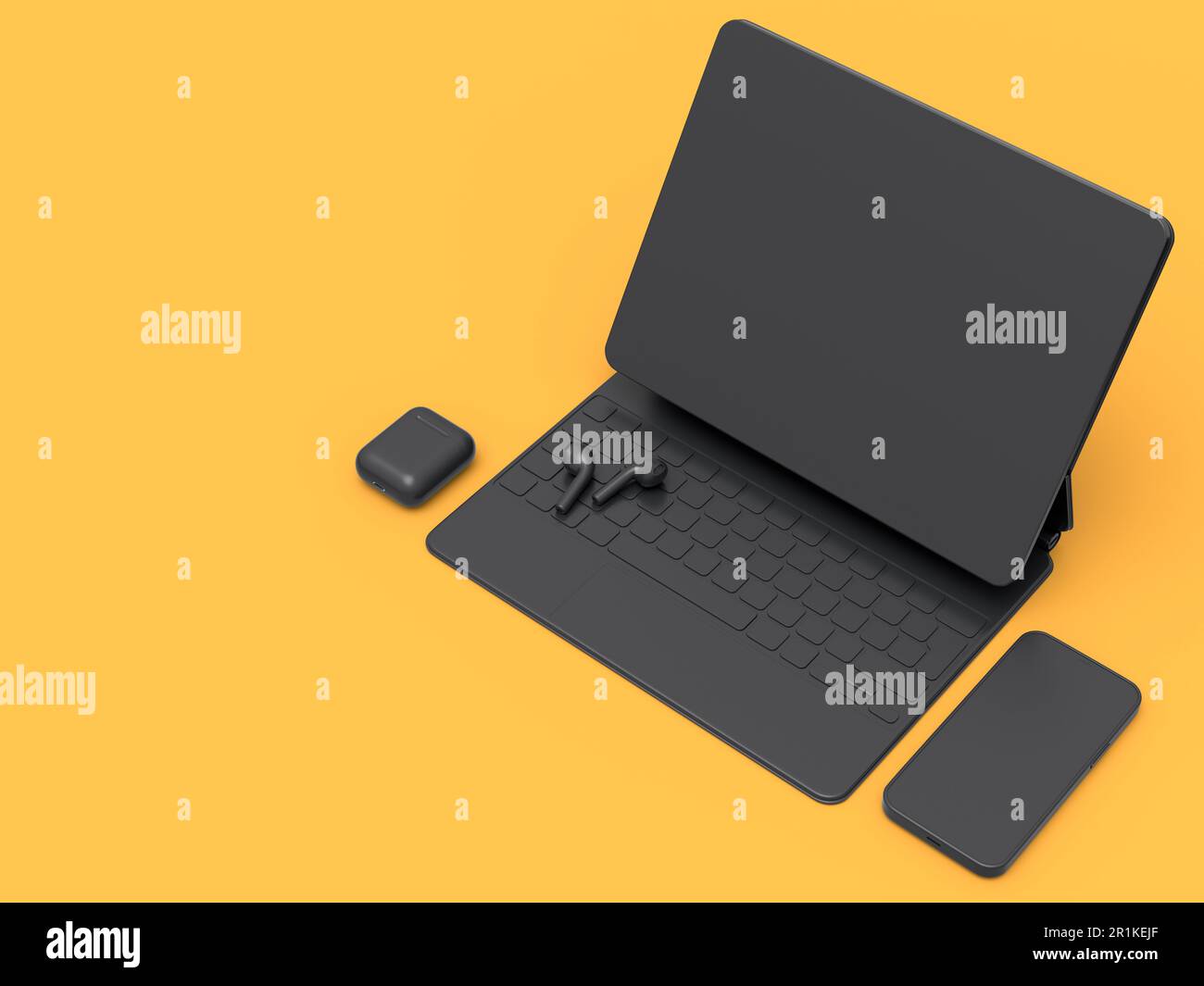 Aluminum laptop with mobile phone headphones on yellow monochrome ...