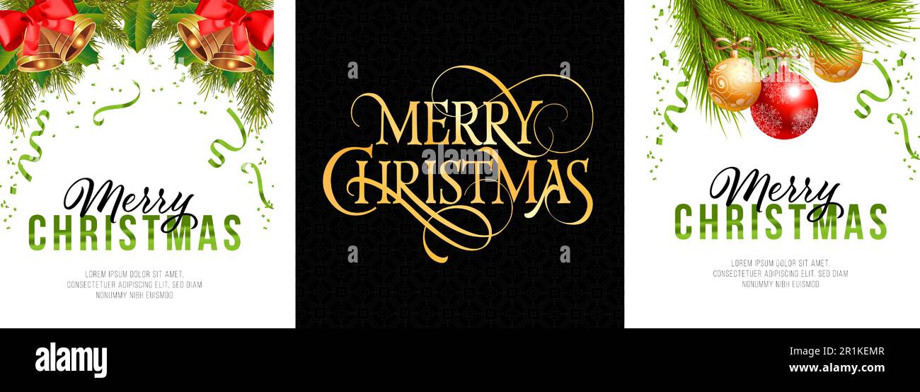 Merry Christmas banner set with bells, balls and fir Stock Vector Image ...
