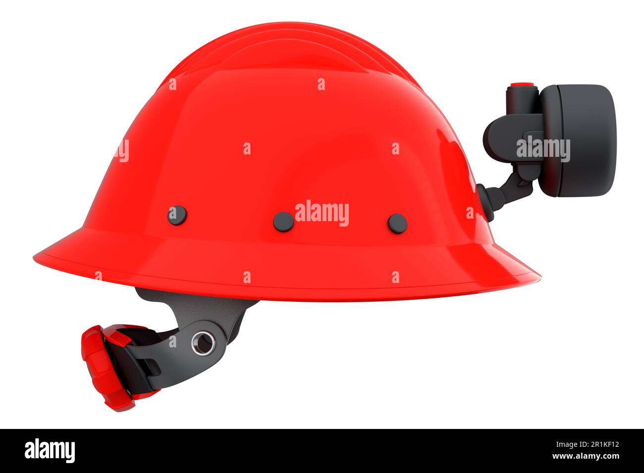 Red safety helmet or hard cap with flashlight isolated on white background. 3d render and ...